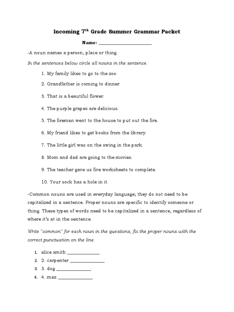 Incoming 7th Grade Summer Grammar Packet | PDF | Adjective | Noun