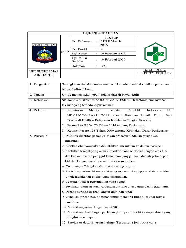 Prosedur Injeksi Subkutan di Puskesmas | PDF