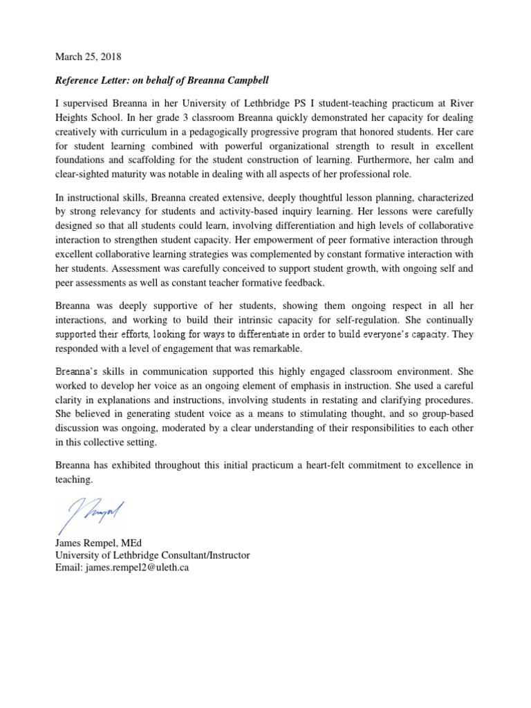 Reference Letter: On Behalf of Breanna Campbell | PDF