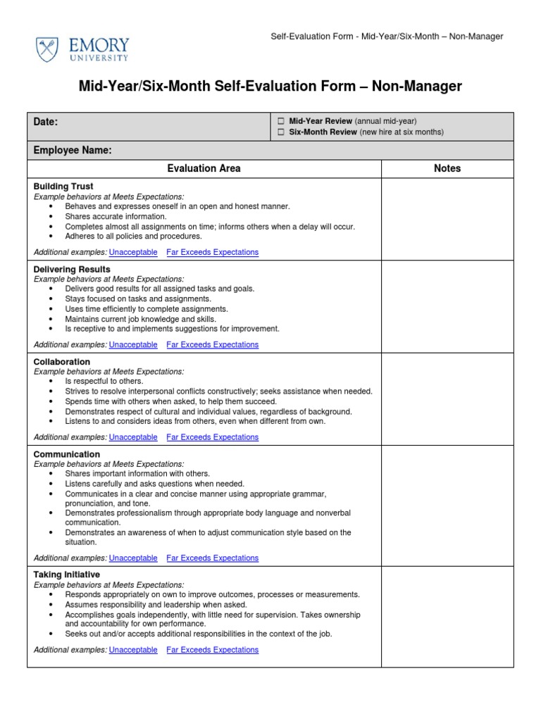 Mid-Year/Six-Month Self-Evaluation Form - Non-Manager: Date | PDF ...