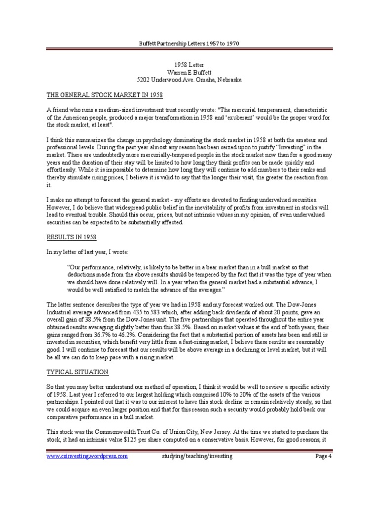 Warren Buffett Partnership Letter - 1958 | PDF | Stock Market | Stocks