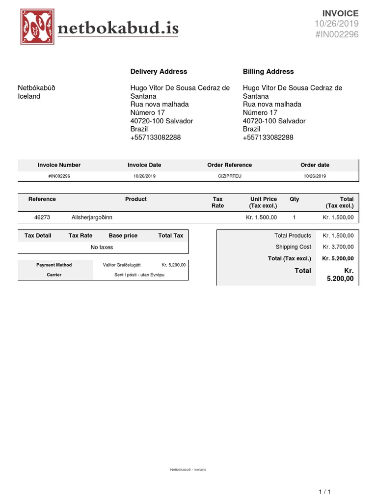 Invoice: Delivery Address Billing Address | PDF | Payments | Taxes