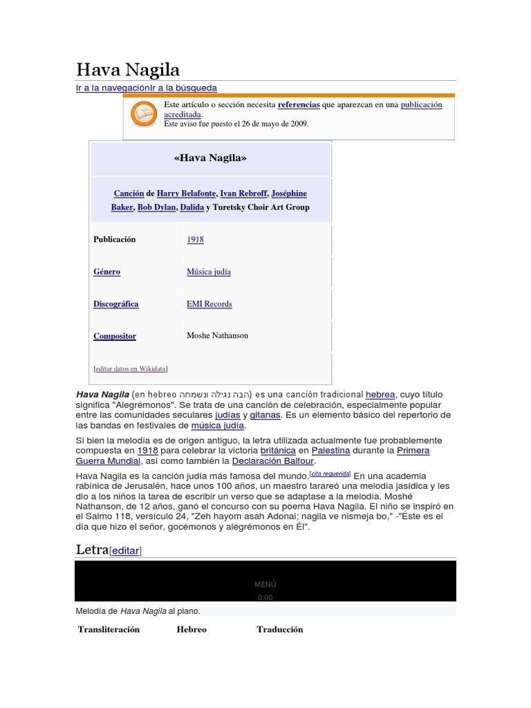 Hava Nagila Canción Judía De Celebración Pdf Entretenimiento