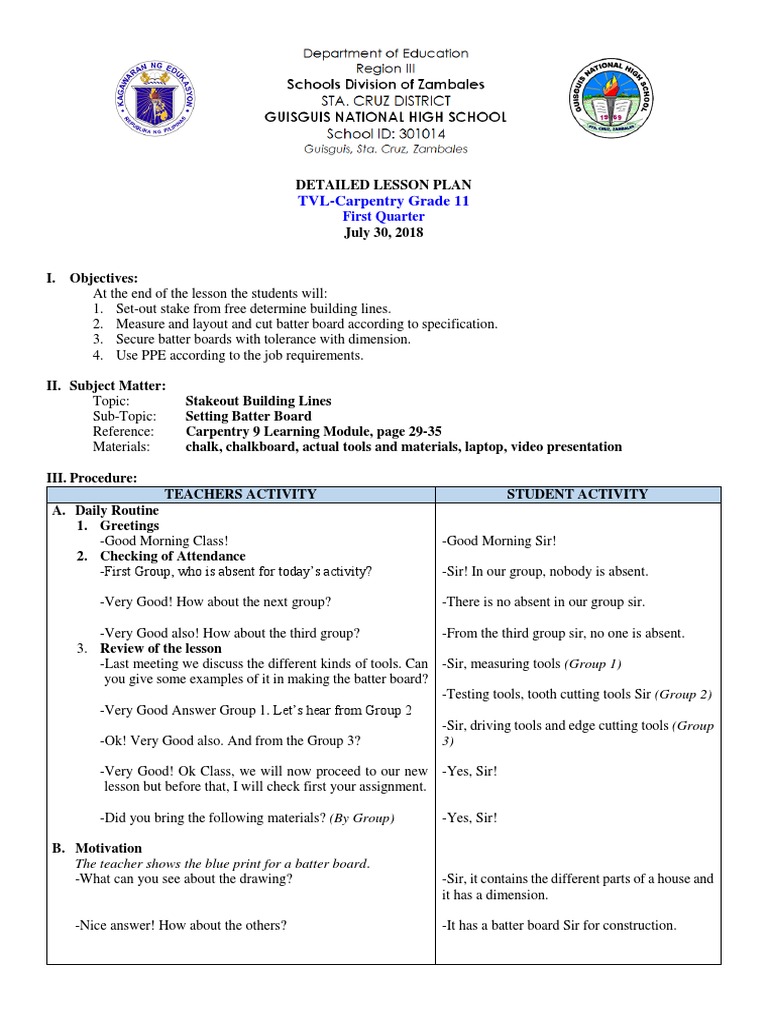 TVL-Carpentry Grade 11: First Quarter | PDF | Lesson Plan | Learning