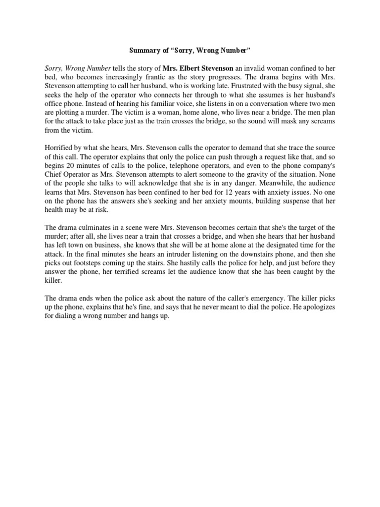 Summary of Sorry, Wrong Number | PDF