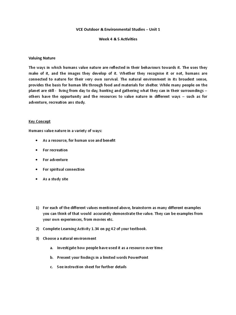 VCE Outdoor & Environmental Studies - Unit 1 Week 4 & 5 Activities | PDF