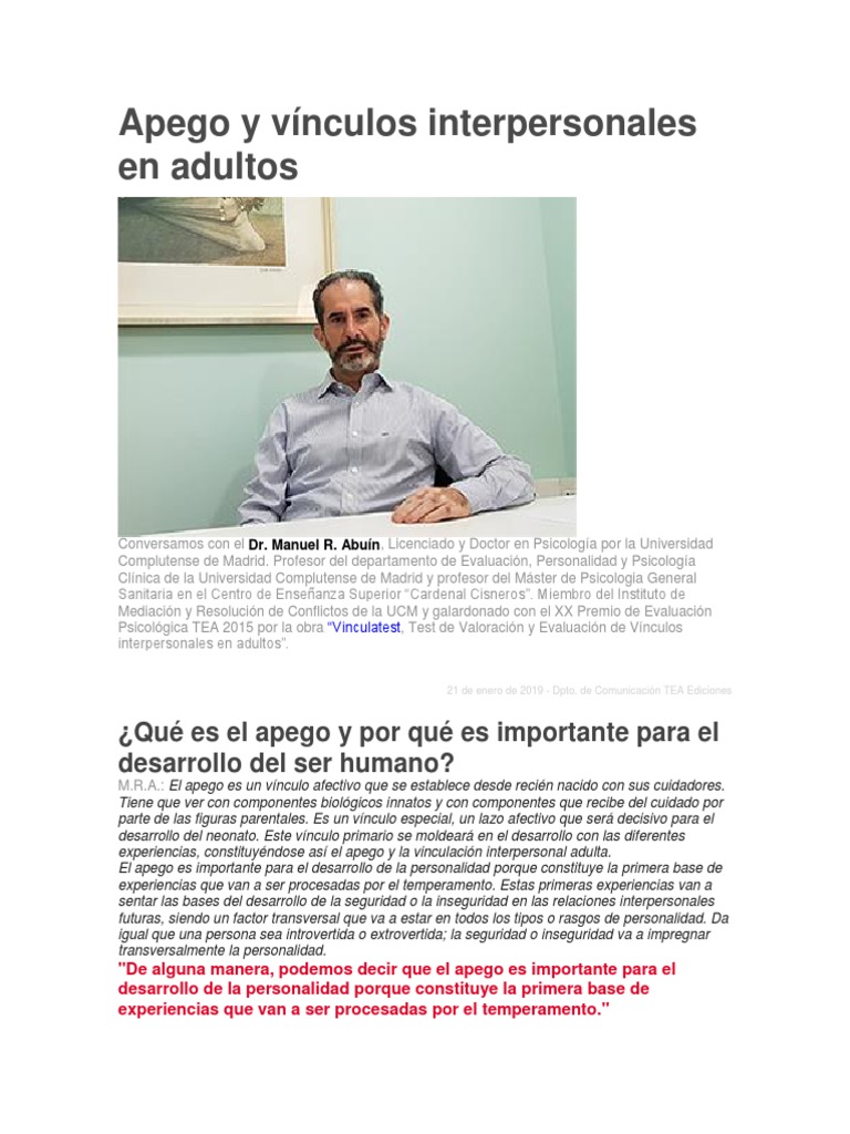 Apego y Vínculos Interpersonales Adultos | PDF | Teoría de apego ...