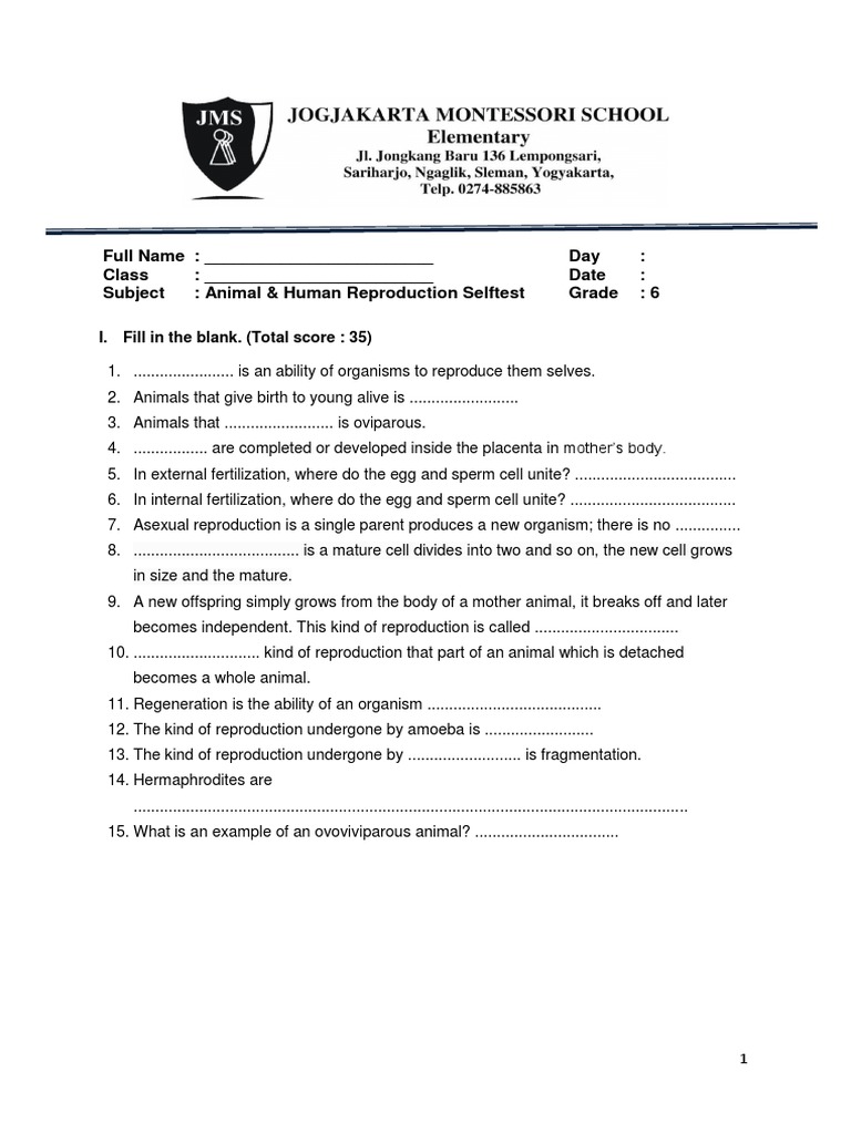 Full Name: - Day: Class: - Date: Subject: Animal & Human Reproduction ...