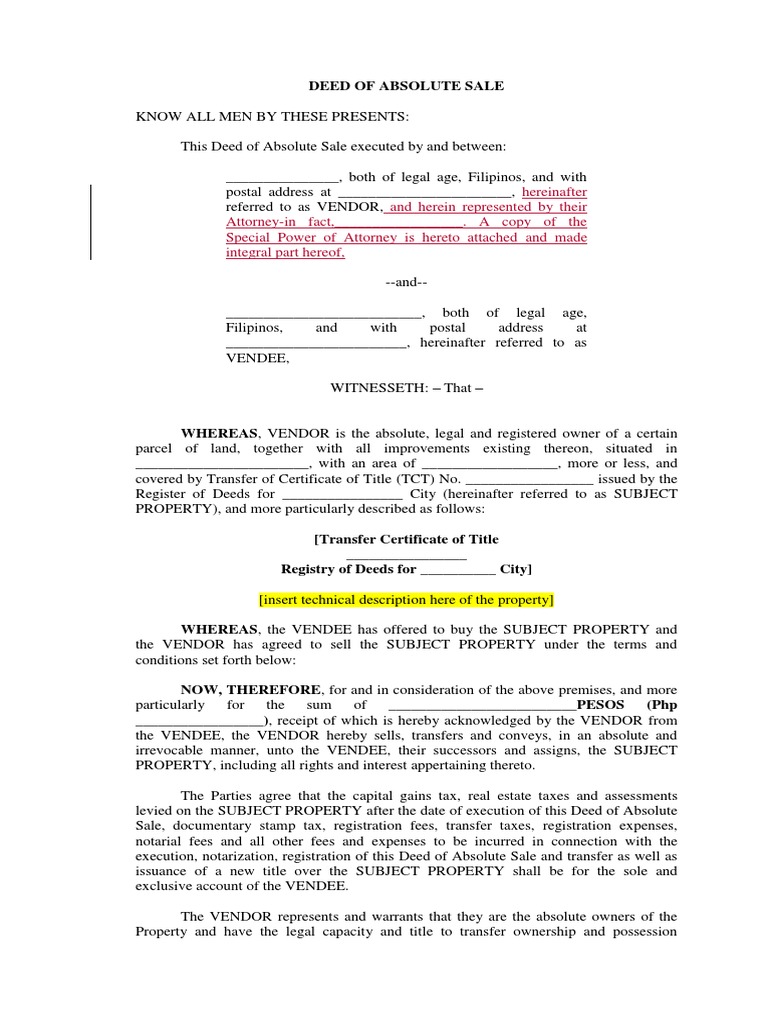 Deed of Absolute Sale Template (Atty-In-Fact) | PDF | Title (Property ...