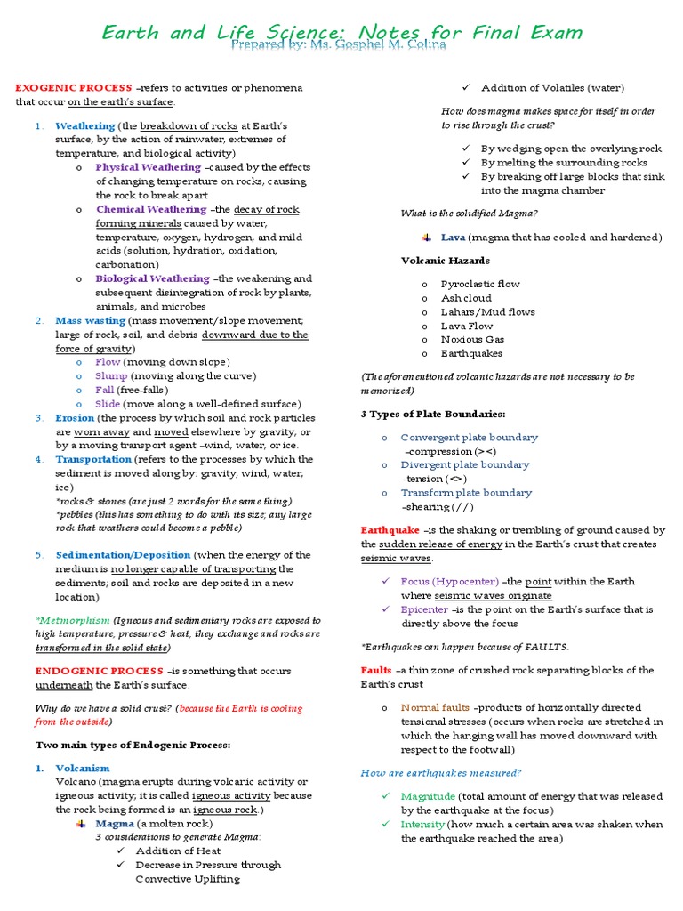 Earth and Life Science (Notes For Finals) | PDF | Weathering | Rock ...