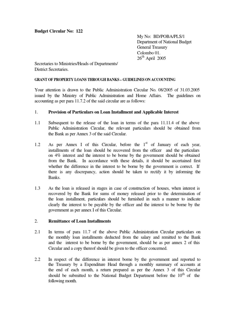 Budget Circular No: 122: Grant of Property Loans Through Banks - Guidelines On Accounting | PDF ...