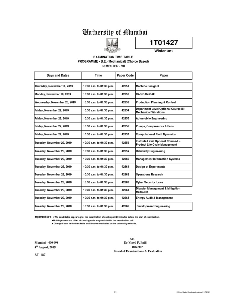 Mumbai University Mechanical Engineering Semester VII Exam Timetable ...