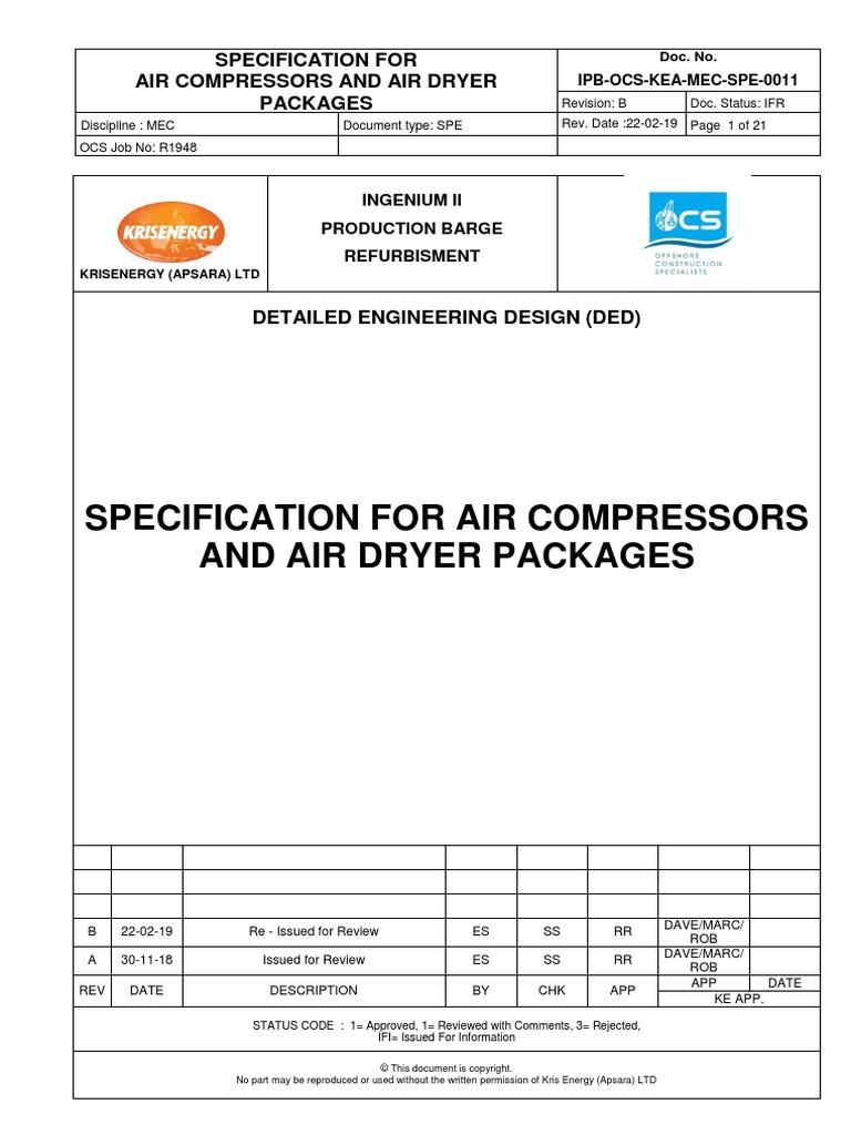 Specification For Air Compressors and Air Dryer Packages | PDF ...