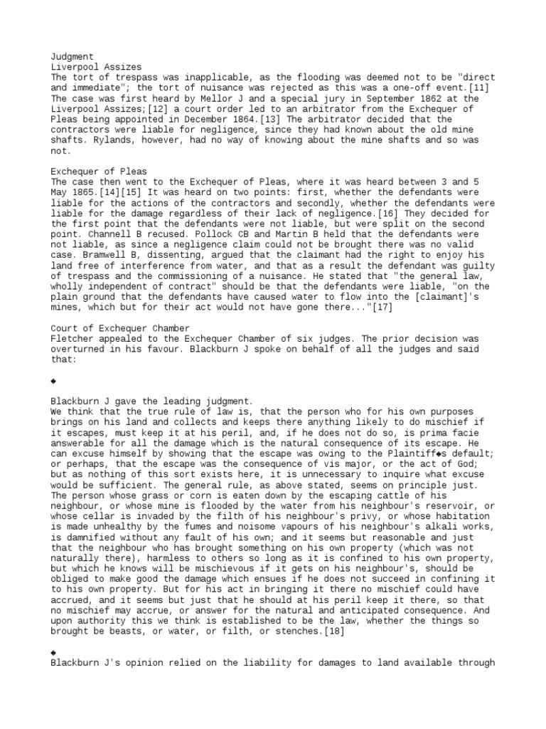 Ryland Vs Fletcher Judgement | PDF | Tort | Judgment (Law)