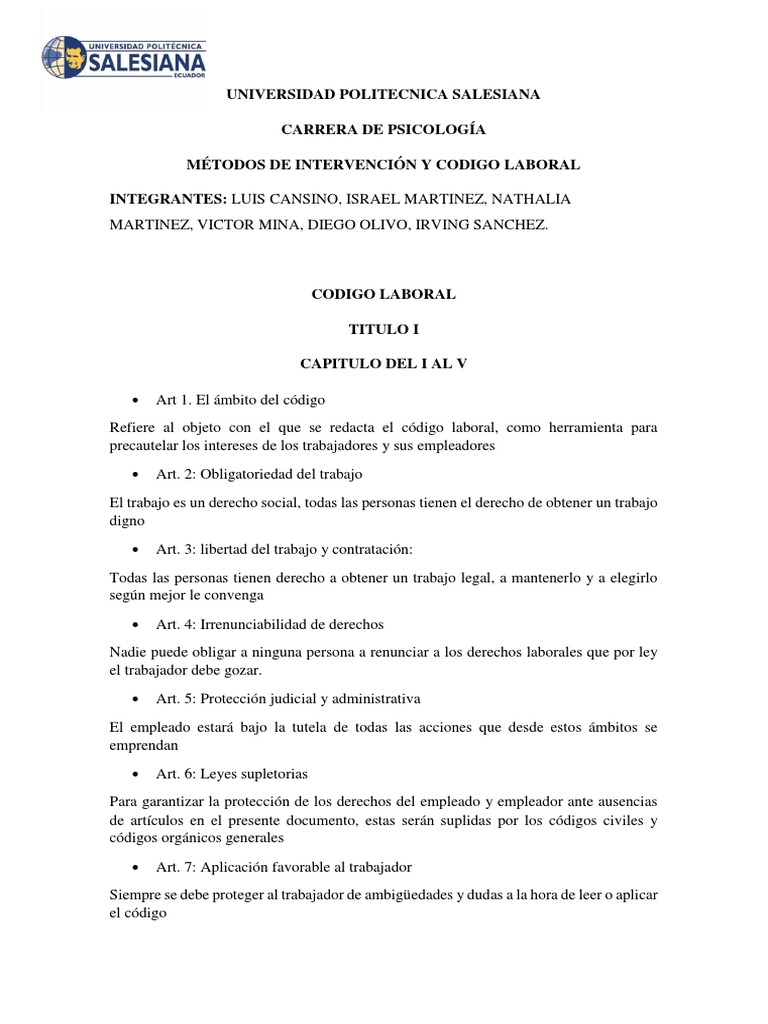 Codigo Laboral Trabajo Final | PDF | Derecho laboral | Salario
