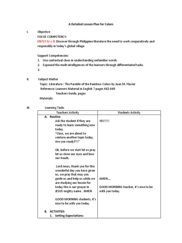 Detailed Lesson Plan on Primary Colors | PDF | Lesson Plan | Color