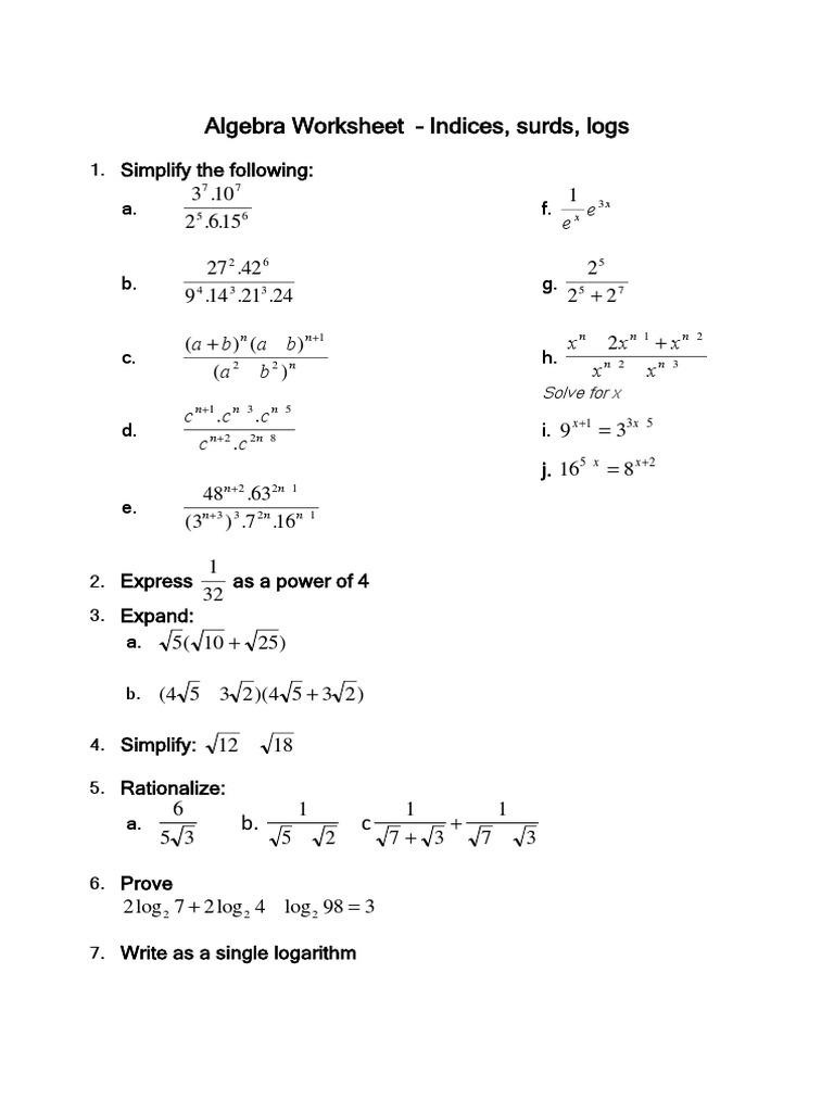 Algebra Worksheet - Indices | PDF | Logarithm | Algebra