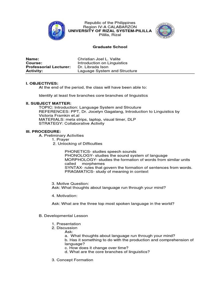 Lesson Plan in Introduction To Linguistics | PDF | Phonology ...
