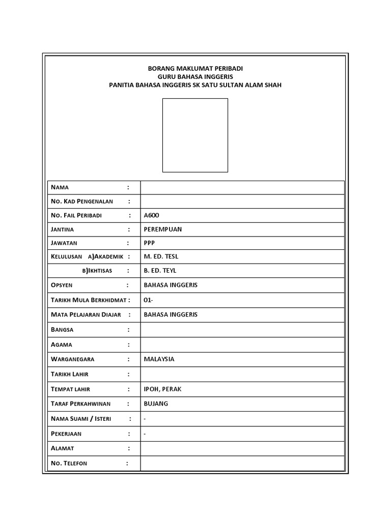 Borang Maklumat Peribadi Guru Bi | PDF