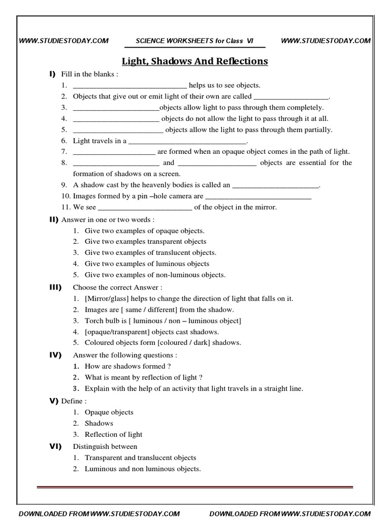 CBSE Class 6 Worksheet - Light, Shadows and Reflections PDF | PDF ... CBSE Class 6 Worksheet - Light, Shadows and Reflections PDF | PDF ...
