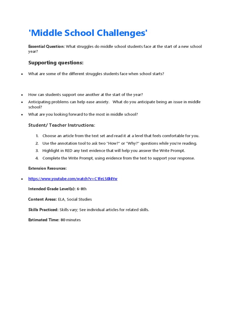 Middle School Struggles and Support | PDF