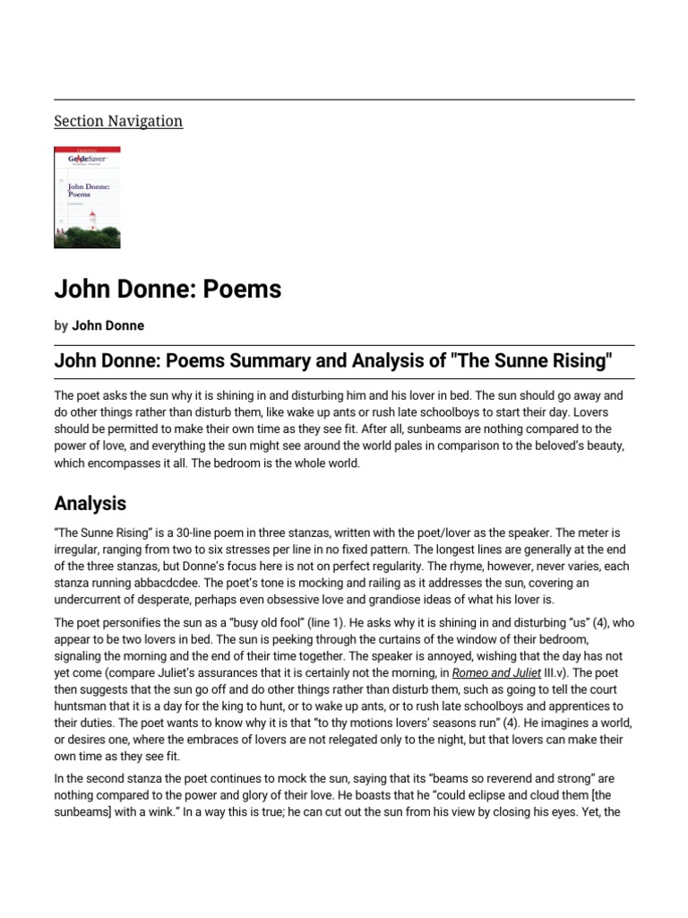 John Donne: Poems "The Sunne Rising" Summary and Analysis - GradeSaver ...