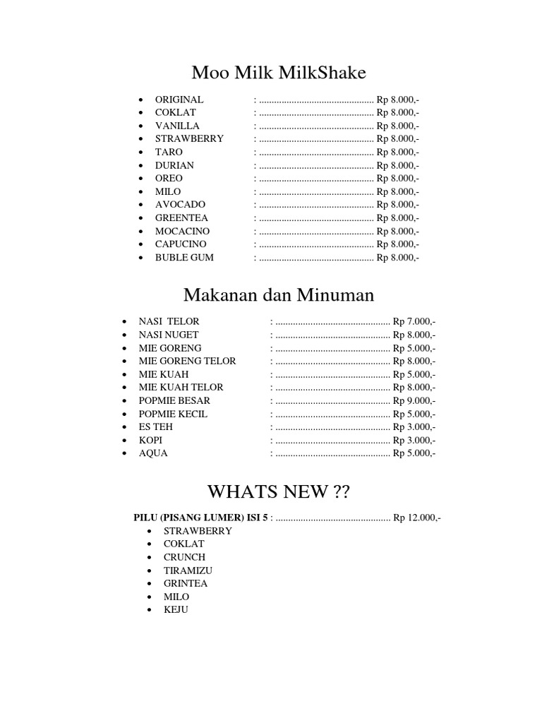 Moo Milk MilkShake Harga | PDF | Technology & Engineering