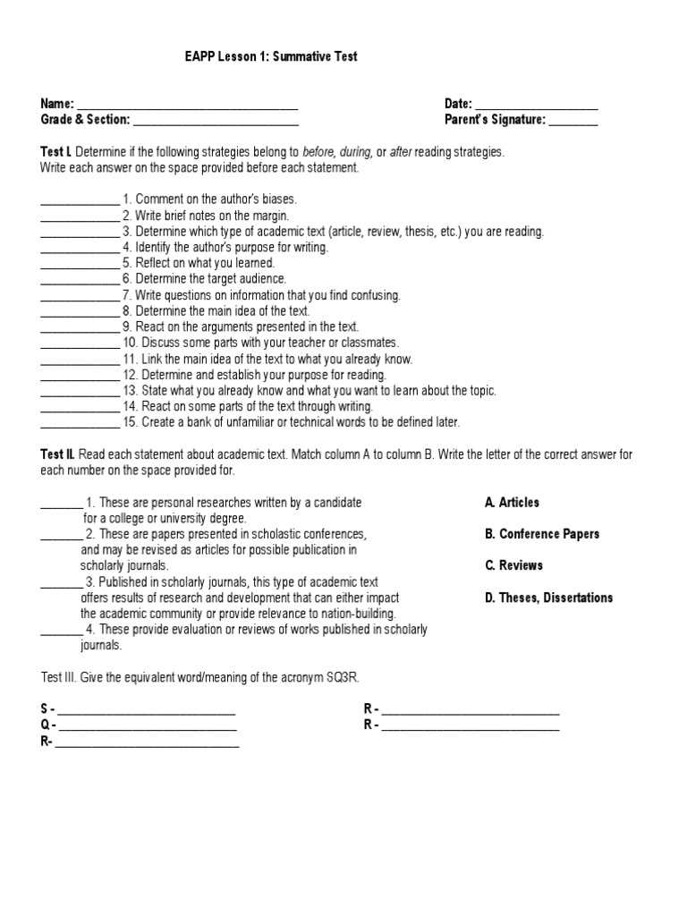 EAPP Quarter 1 Summative Test | PDF | Thesis | Academic Journal