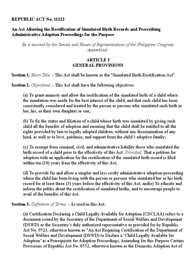 Ra 11222 | PDF | Birth Certificate | Adoption