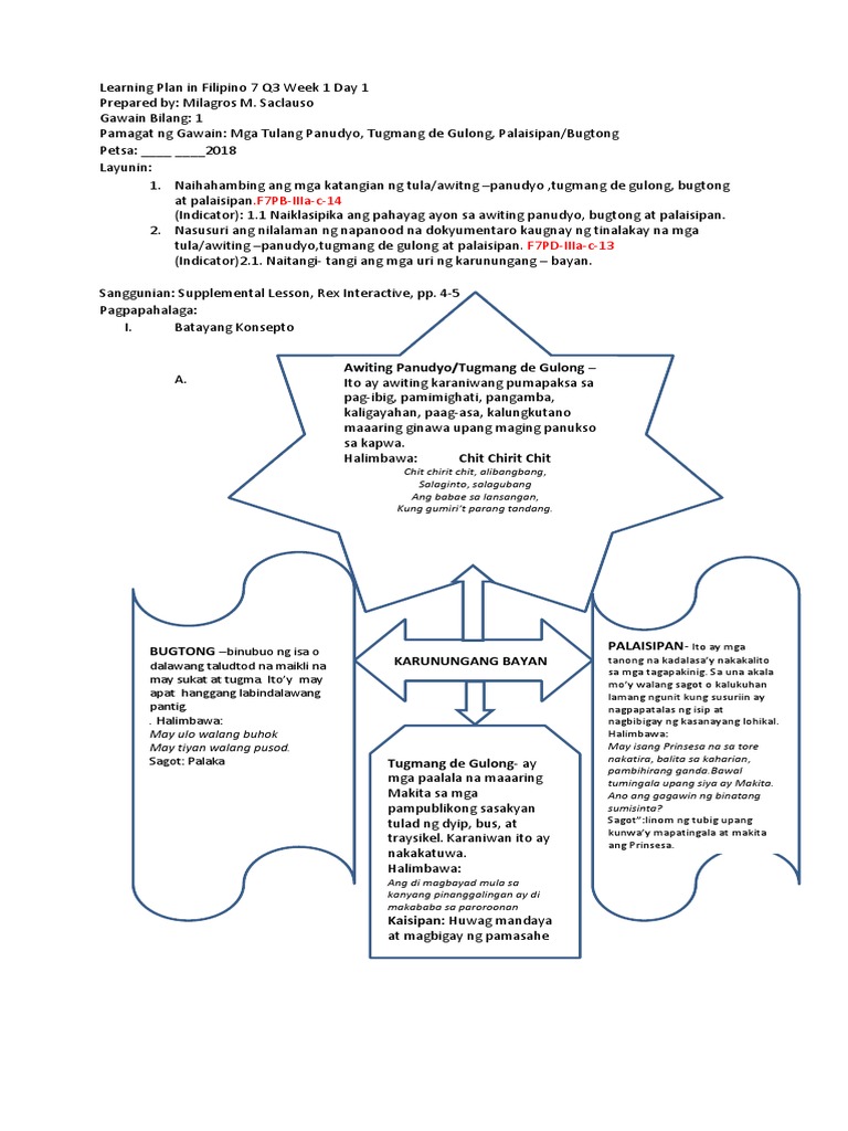 Learning Plan in Filipino 7 Q3 Week 1 Da | PDF