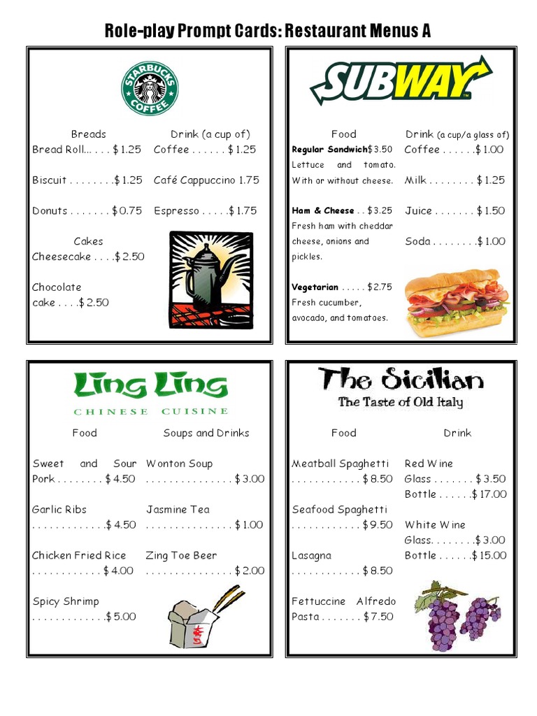 Role-Play Prompt Cards: Restaurant Menus A: (A Cup/a Glass Of ...