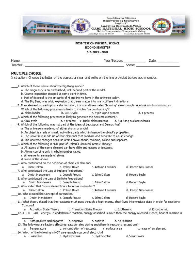 Post-Test On Physical Science Second Semester S.Y. 2019 - 2020 | PDF ...