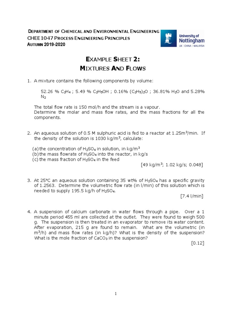 Process Engineering Principles: Mixtures and Flows Example Sheet | PDF