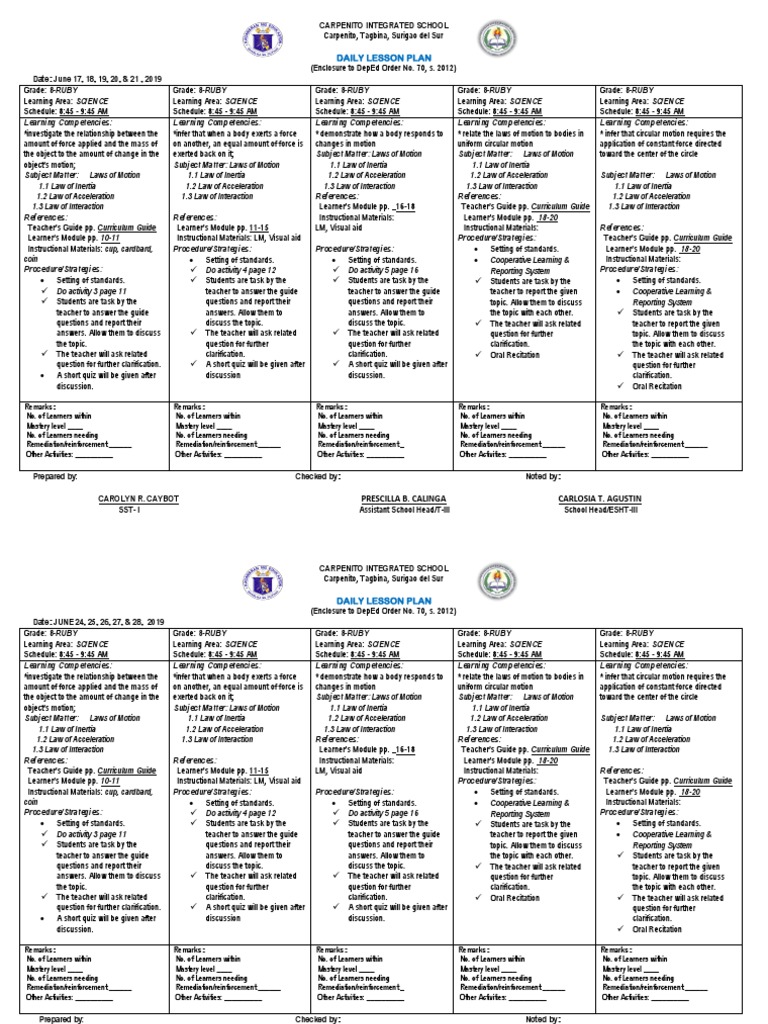 DLL Grade 8 (Science) | Download Free PDF | Newton's Laws Of Motion ...