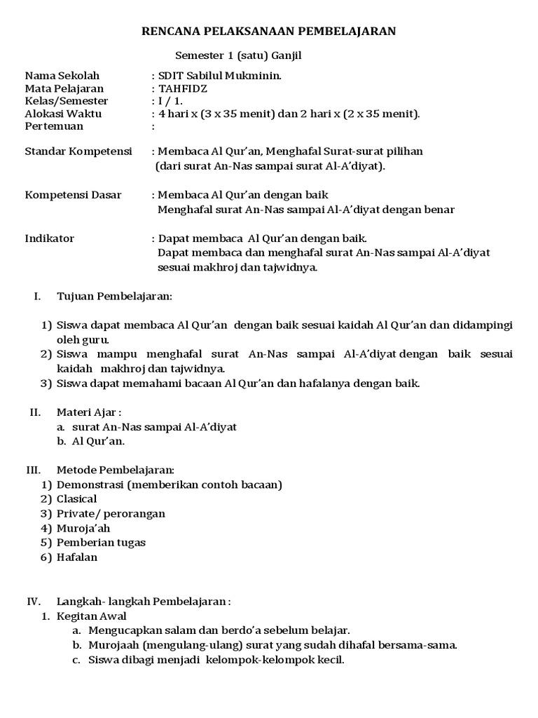 RPP Tahfizh - Kelas 1 | PDF