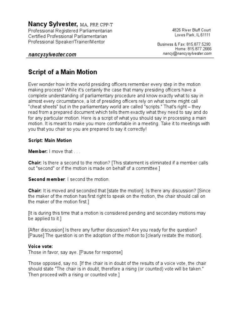 Script of A Main Motion | PDF | Rules | Meetings