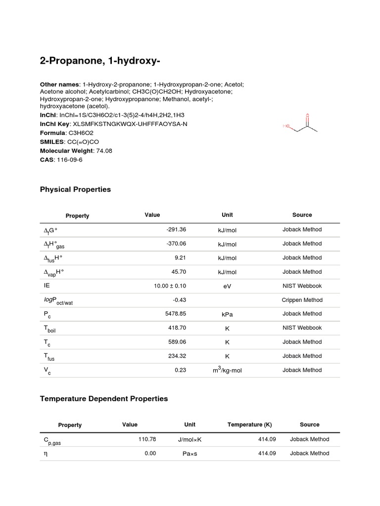 2-Propanone, 1-Hydroxy-: Physical Properties | PDF | Enthalpy | Gases
