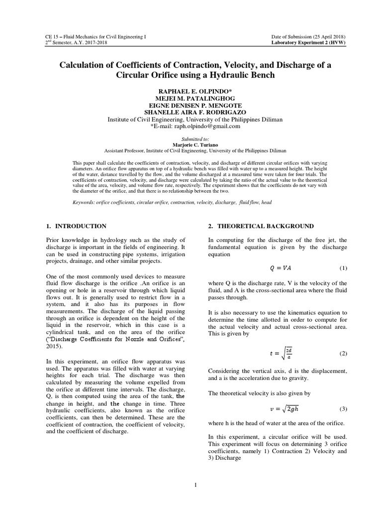 Calculation of Coefficients of Contraction, Velocity, and Discharge of ...