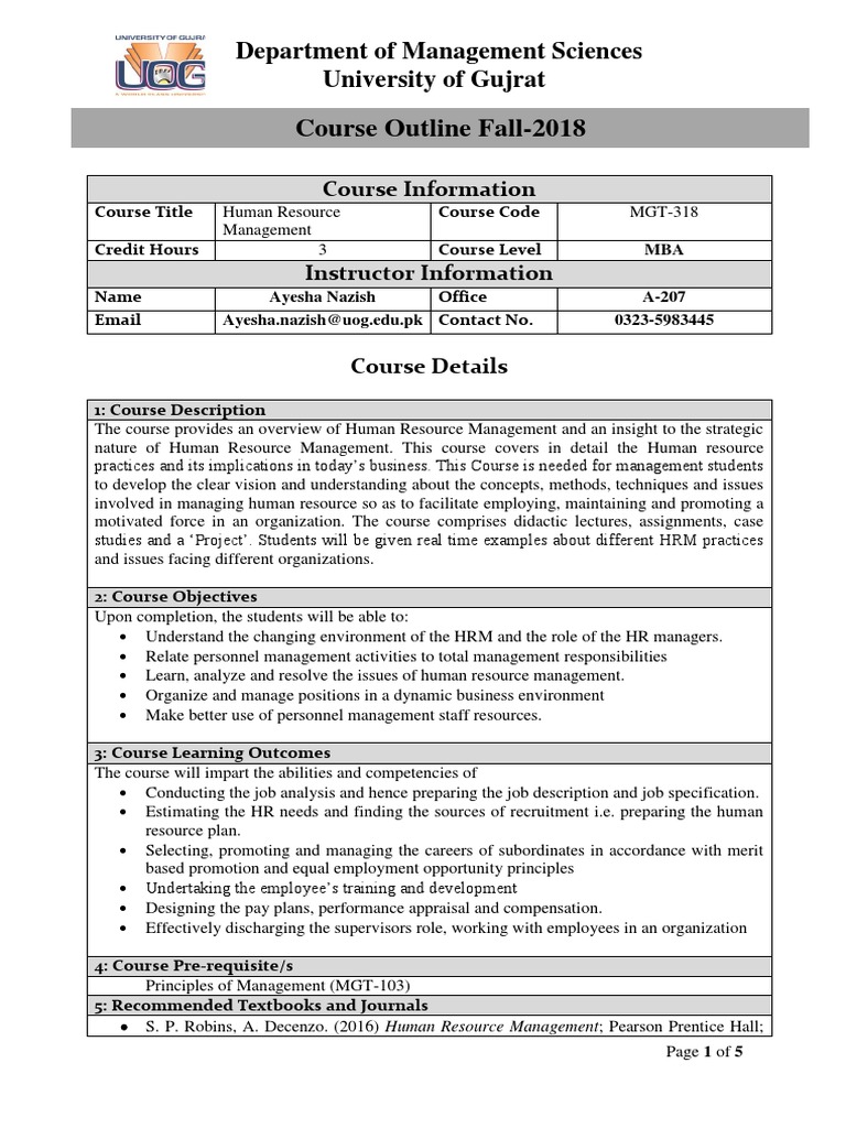 Course Outline MGT-318 | PDF | Human Resource Management | Employee ...