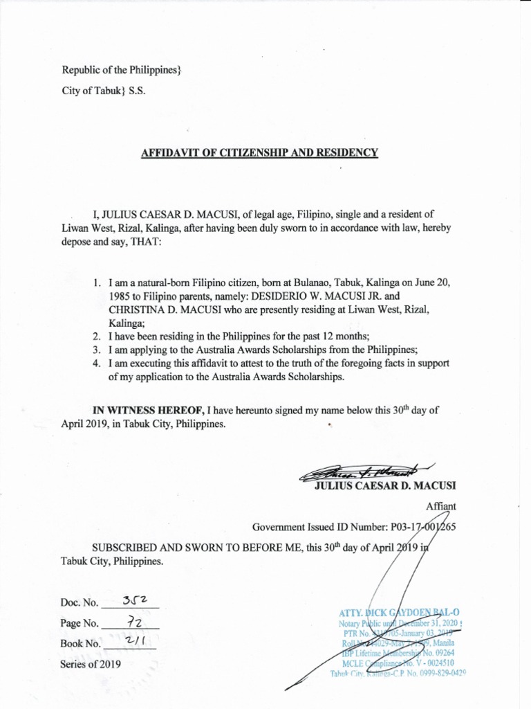 Sample Affidavit On Citizenship | PDF