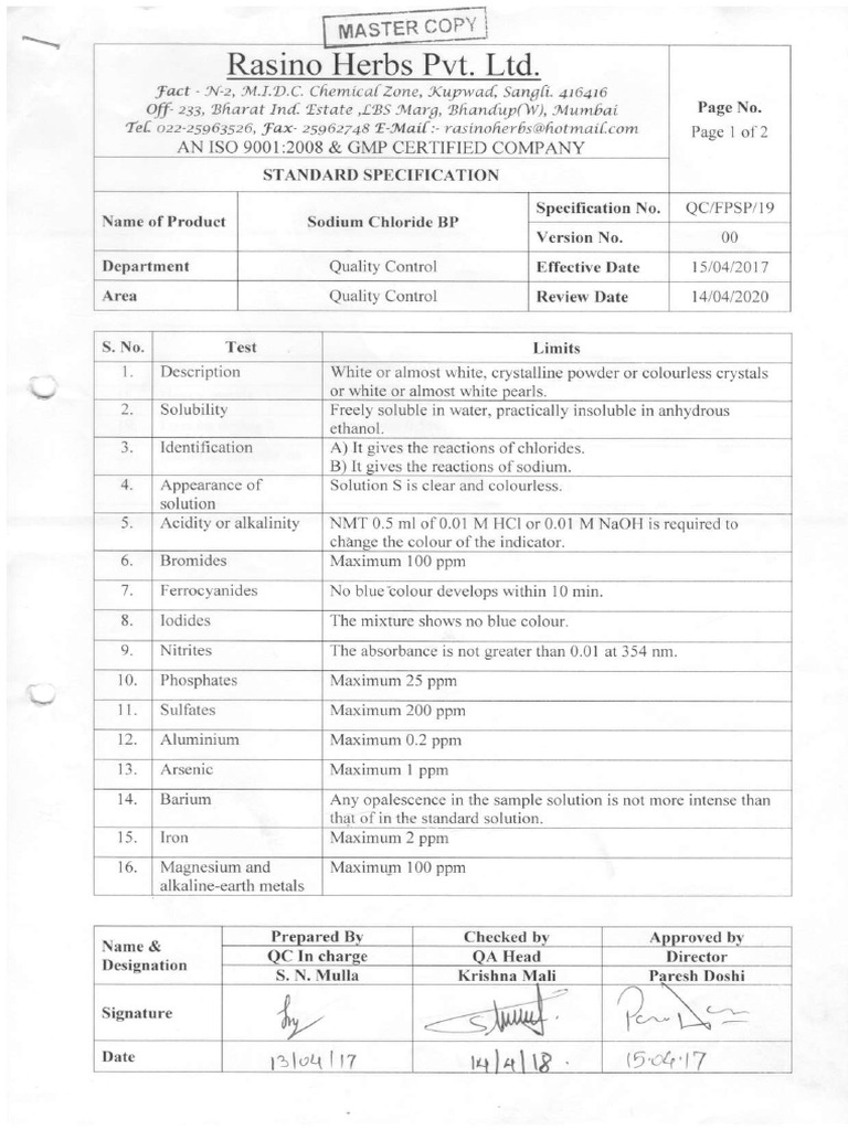 Sodium Chloride BP (Specification) | PDF | Solubility | Metallic Elements