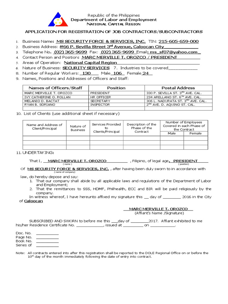 DOLE Sub Contractor Application | PDF | Employment | Social Institutions