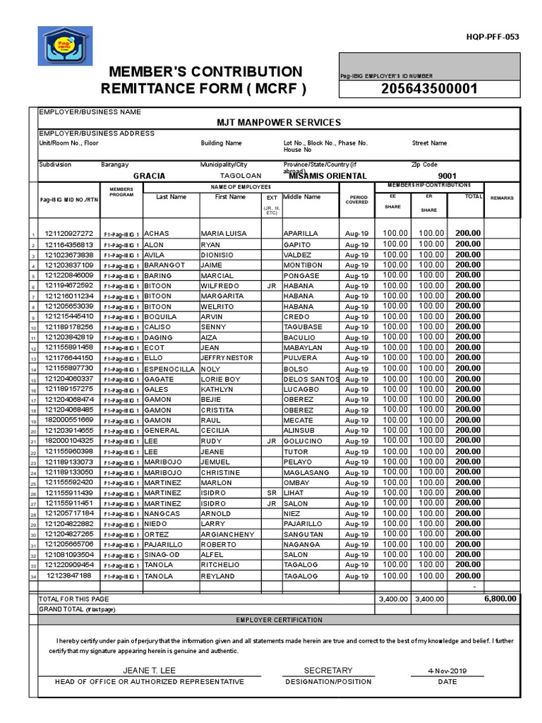 Member'S Contribution Remittance Form (MCRF) 205643500001: MJT Manpower ...