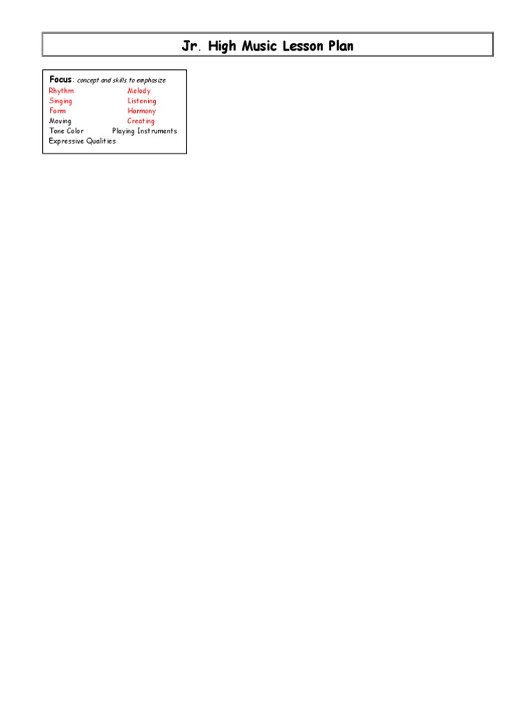 Jr. High Music Lesson Plan: Focus | PDF | Singing | Musicology