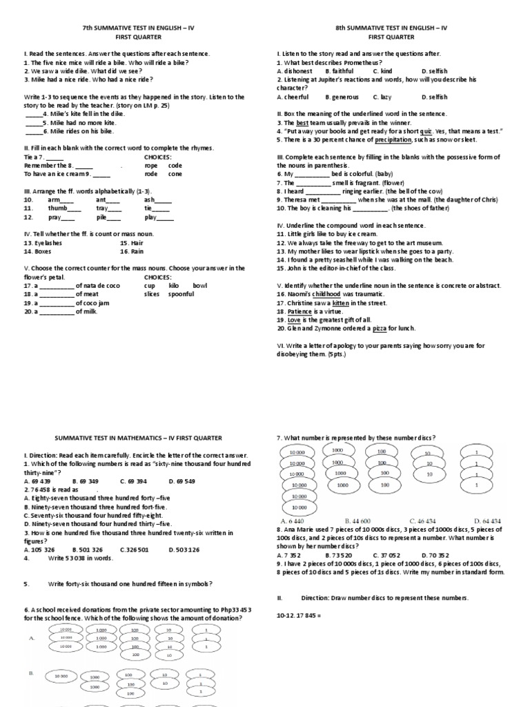 Complete Set of Summative Test All Subjects For Grade 4 | PDF ...
