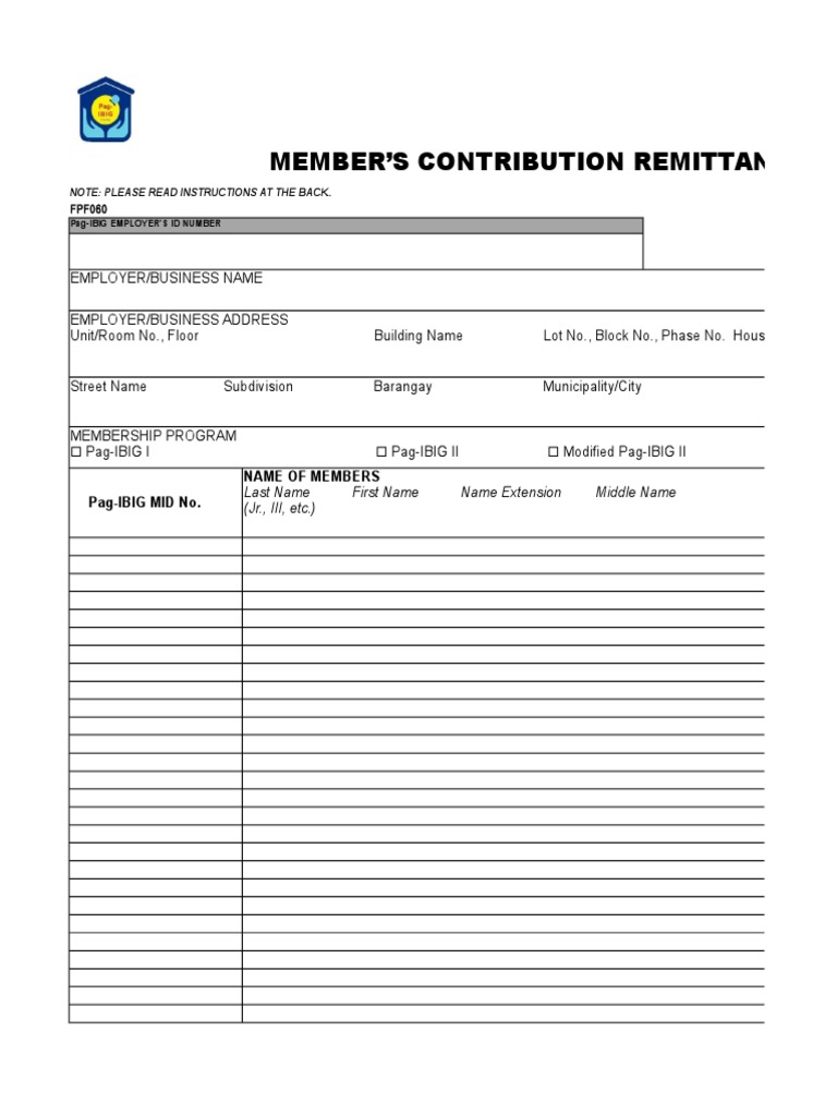 Member'S Contribution Remittance Form (MCRF) : Pag-Ibig Mid No. Name of ...