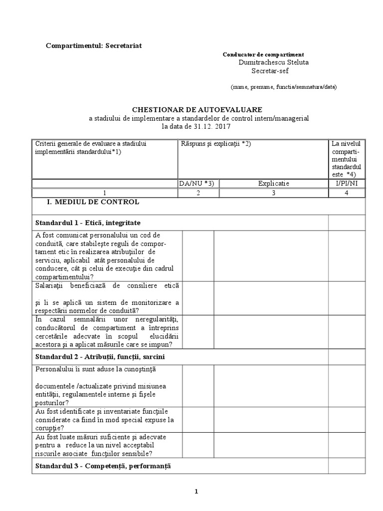 ANEXA 4.1 Chestionar Autoe. Secretariat | PDF