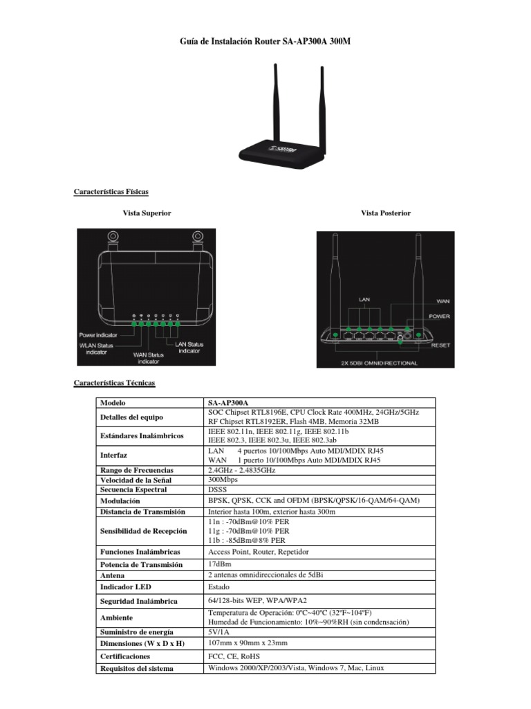 Guía de Instalación Router SA-AP300A | PDF | Enrutador (Computación) | Punto de acceso inalámbrico