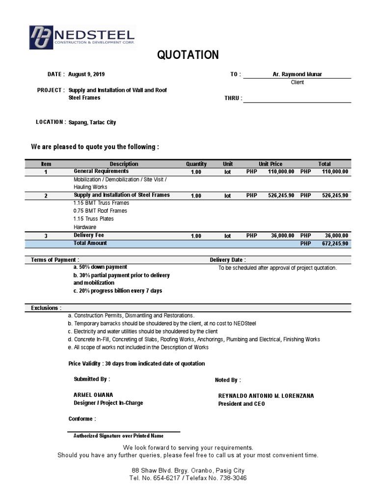 Sample of Material Quotation | PDF | Structural Engineering | Engineering