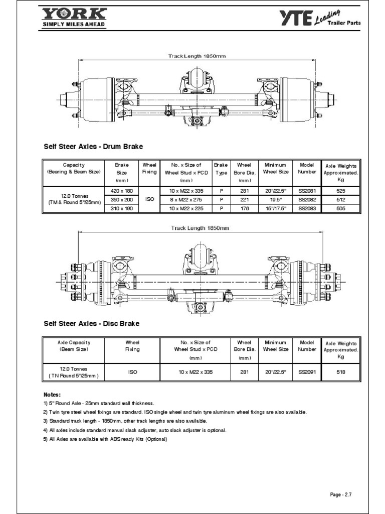 York Self Steer Axles Specifications | PDF